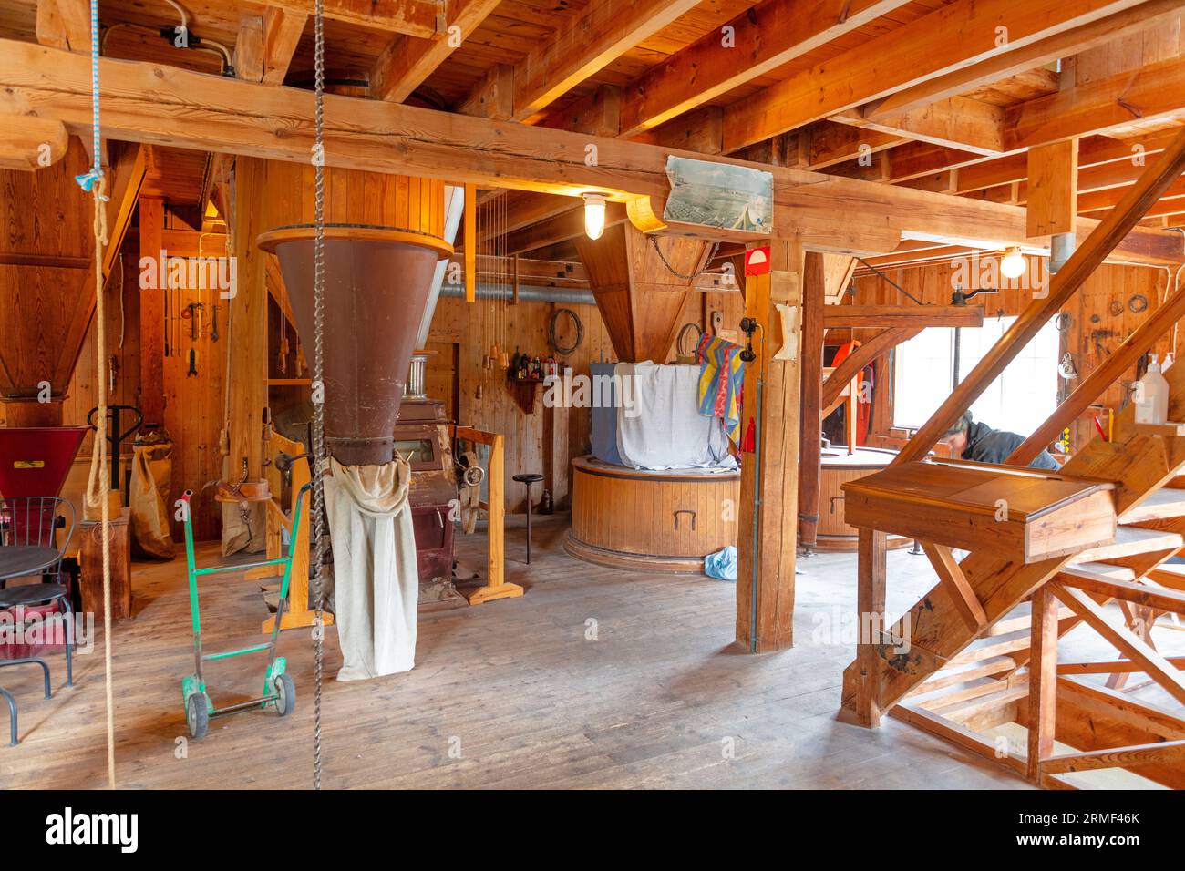 Interior of old wooden mill Stock Photo - Alamy