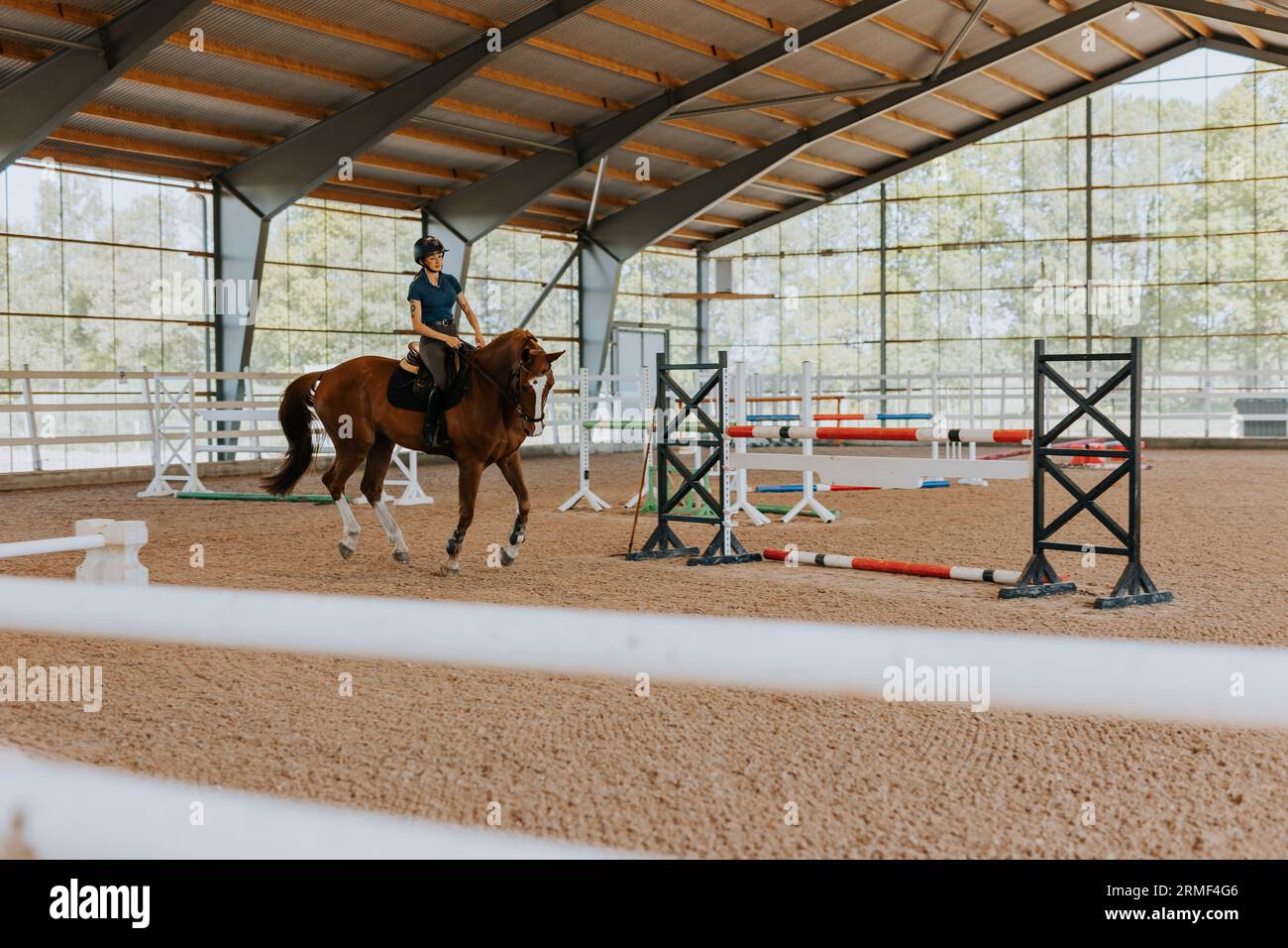 View of female horse rider using indoor riding paddock Stock Photo - Alamy