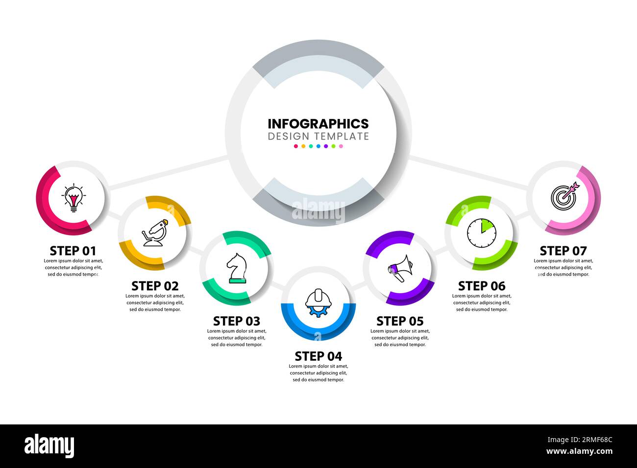 Infographic template with icons and 7 options or steps. Circle. Can be used for workflow layout ...