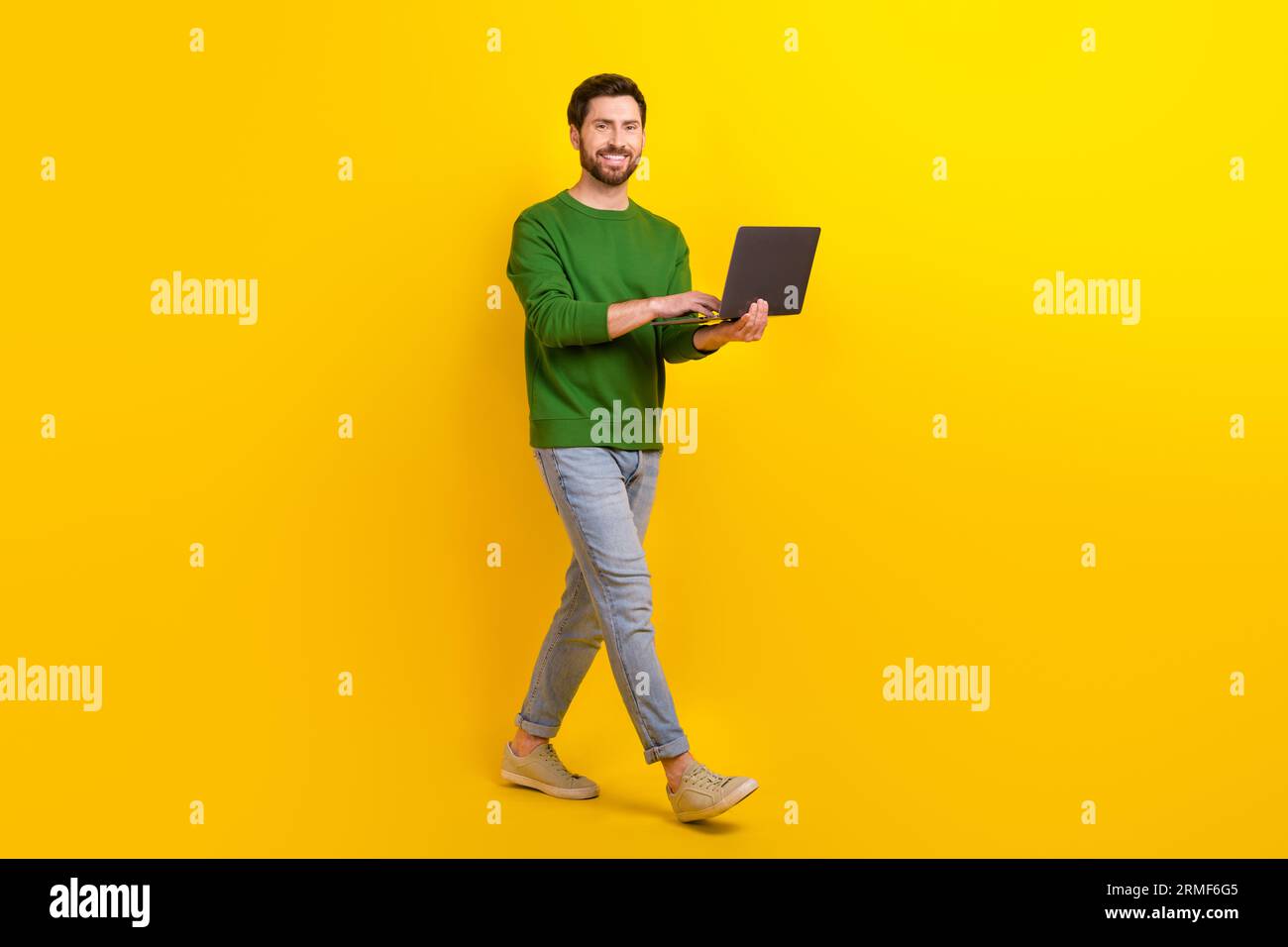 Full length size photo of cheerful handsome project manager team leader ...