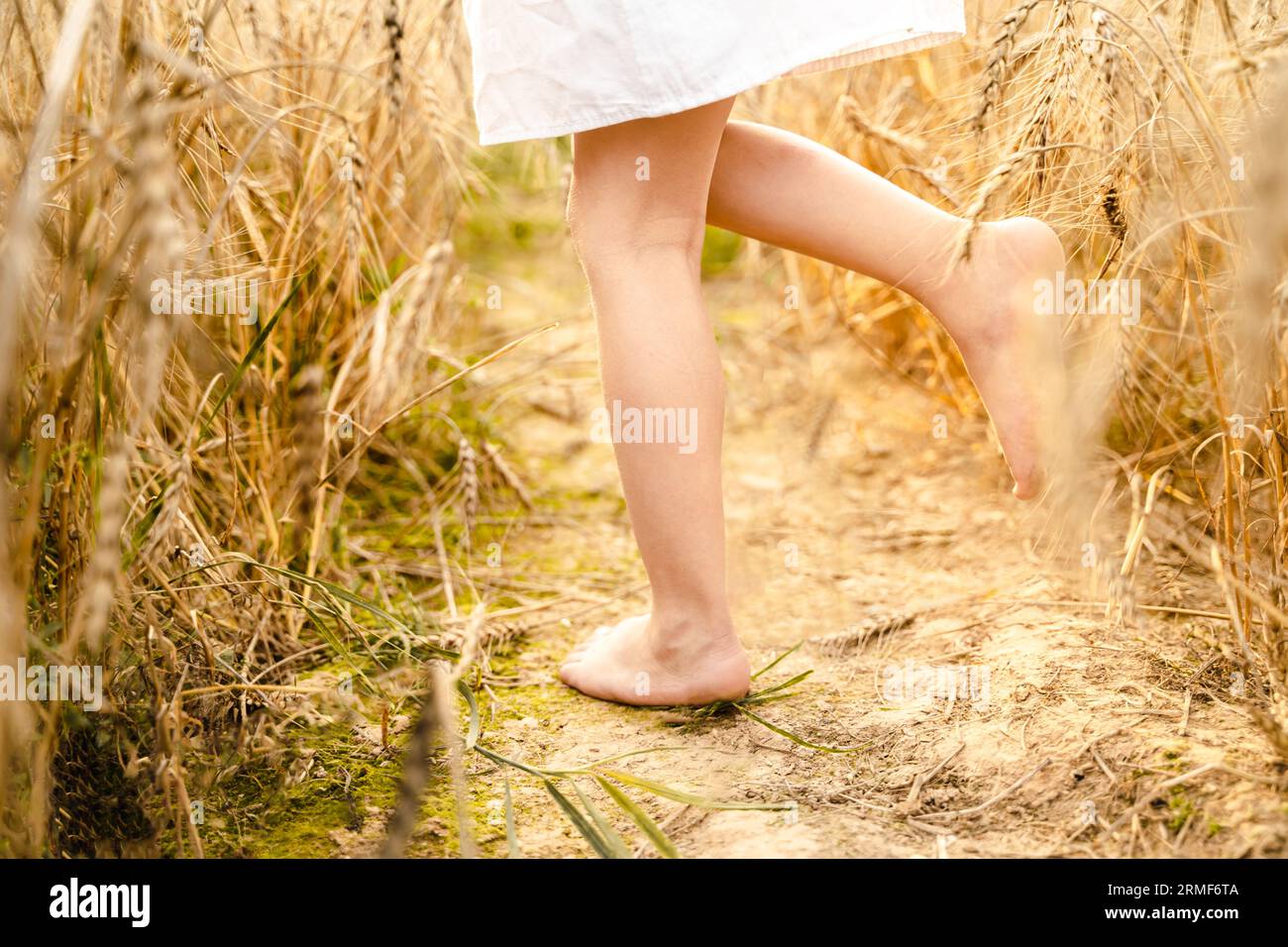 Happy girl legs feet standing walking in white dress in field full of ...