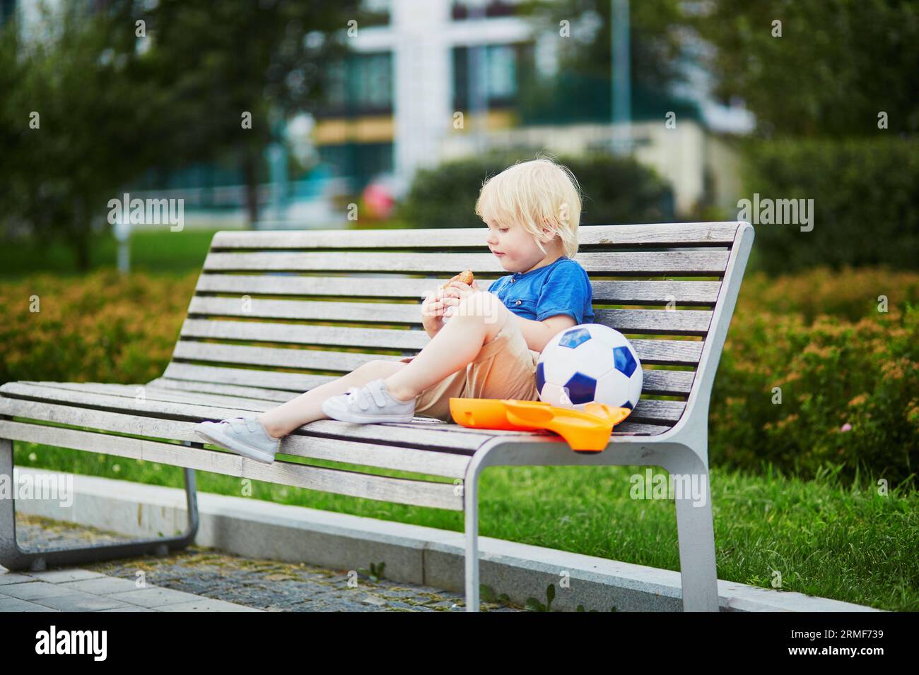 Adorable little boy sitting on the bench with lunchbox in park. Healthy ...