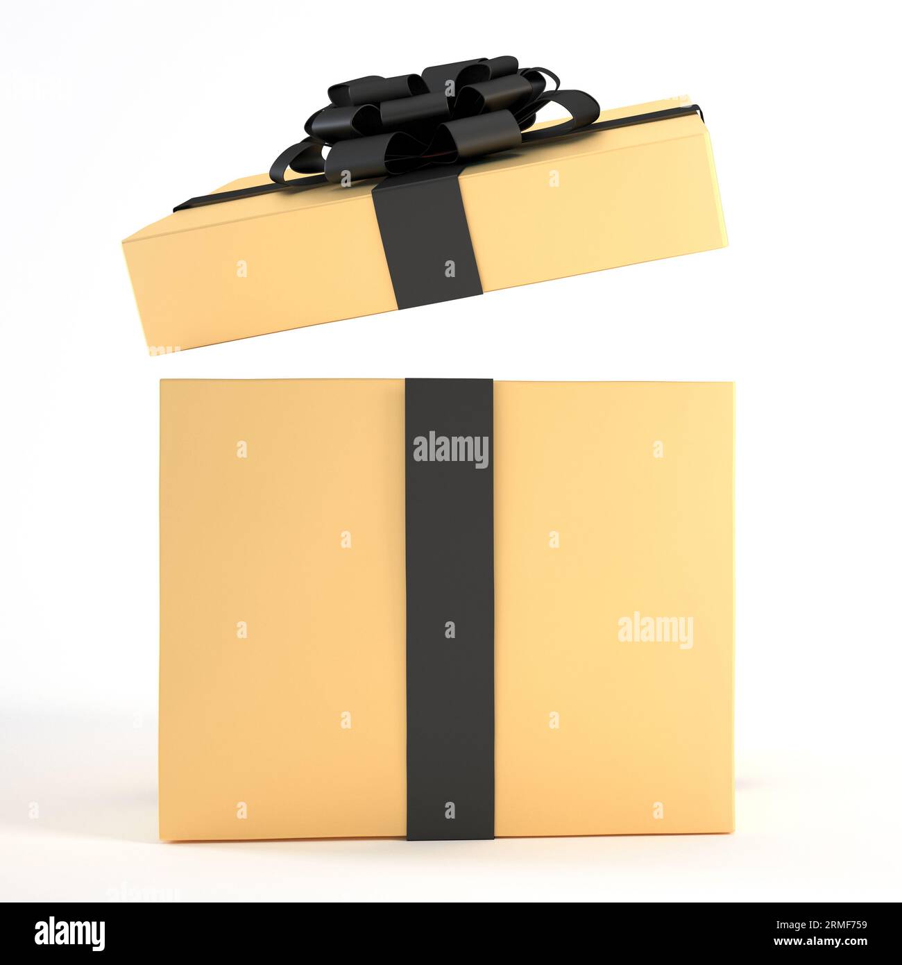 Open yellow gold gift box with black ribbon and bow isolated on white ...