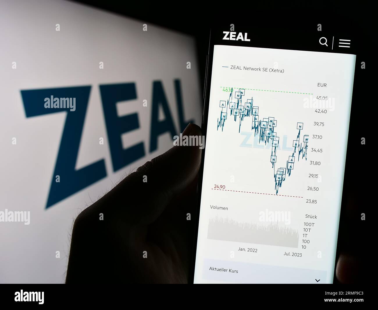 Person holding cellphone with webpage of German lottery company ZEAL ...