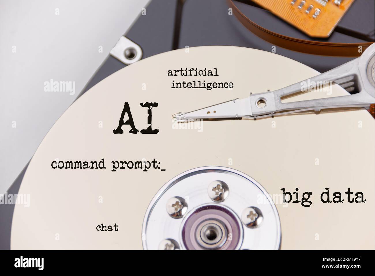 AI technology demonstrated with hard drive for data, command prompt ...