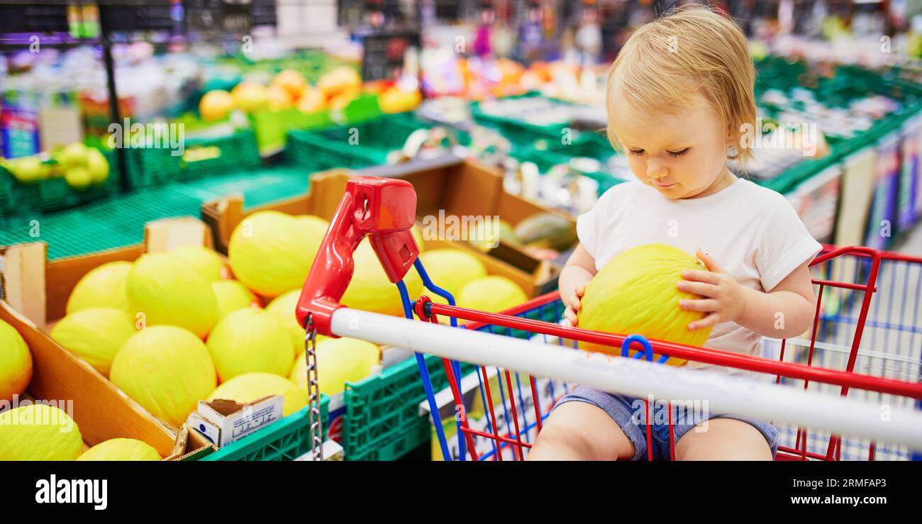 Adorable toddler girl sitting in the shopping cart in a food store or a ...