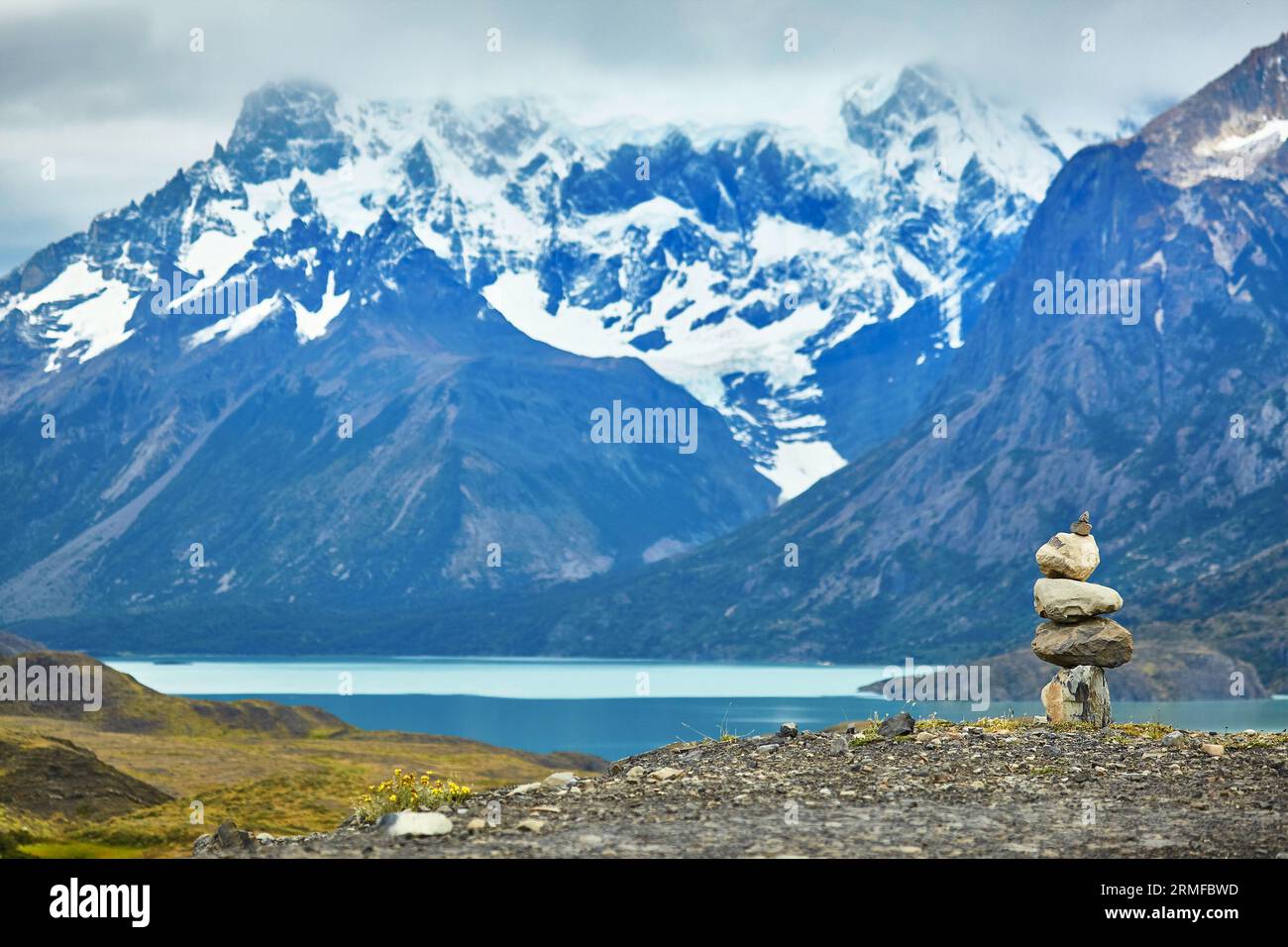 Stacked stones in Torres del Paine national park of Chile, South ...