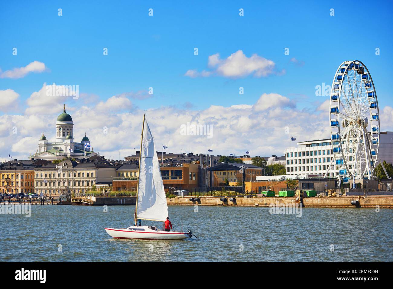 Scenic view to the center of Helsinki, Finland with its harbour and the ...