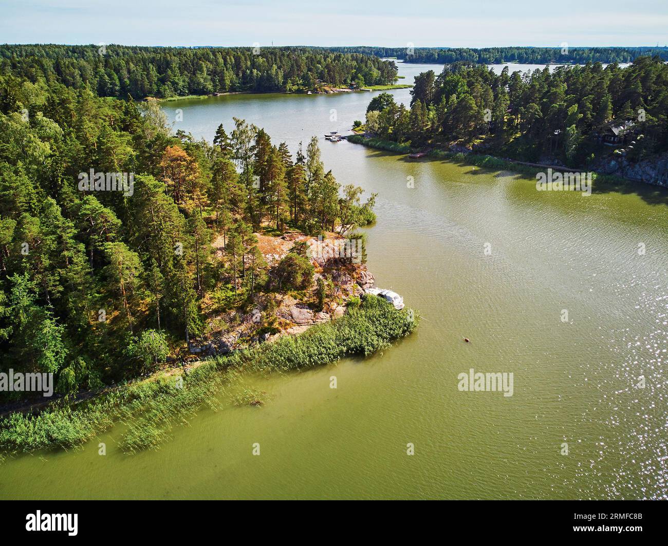 Scenic aerial view of beautiful lake with green grass in the ...