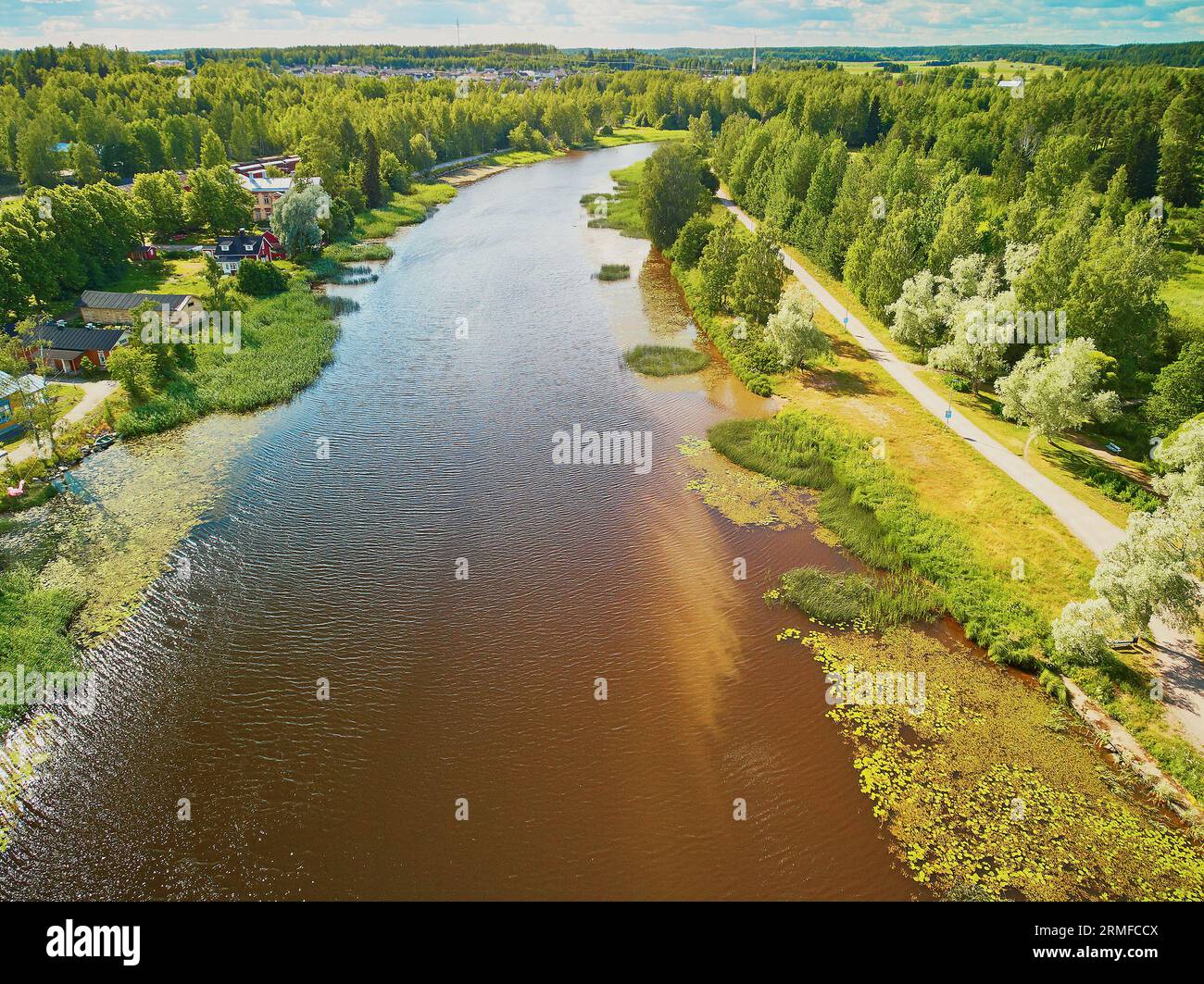 Beautiful aerial view of river Porvoonjoki surrounded by woods near ...