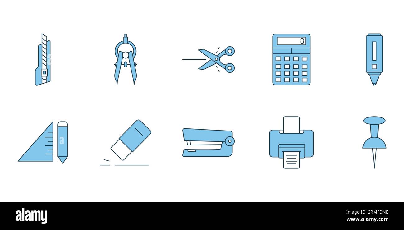 Stationery set icon. Contains icons cutter knife, cutter, divider, scissors, etc. Flat line icon ...