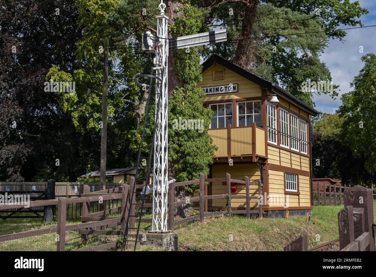 Bressingham, Norfolk, UK – August 21 2023. Traditional wooden signal ...