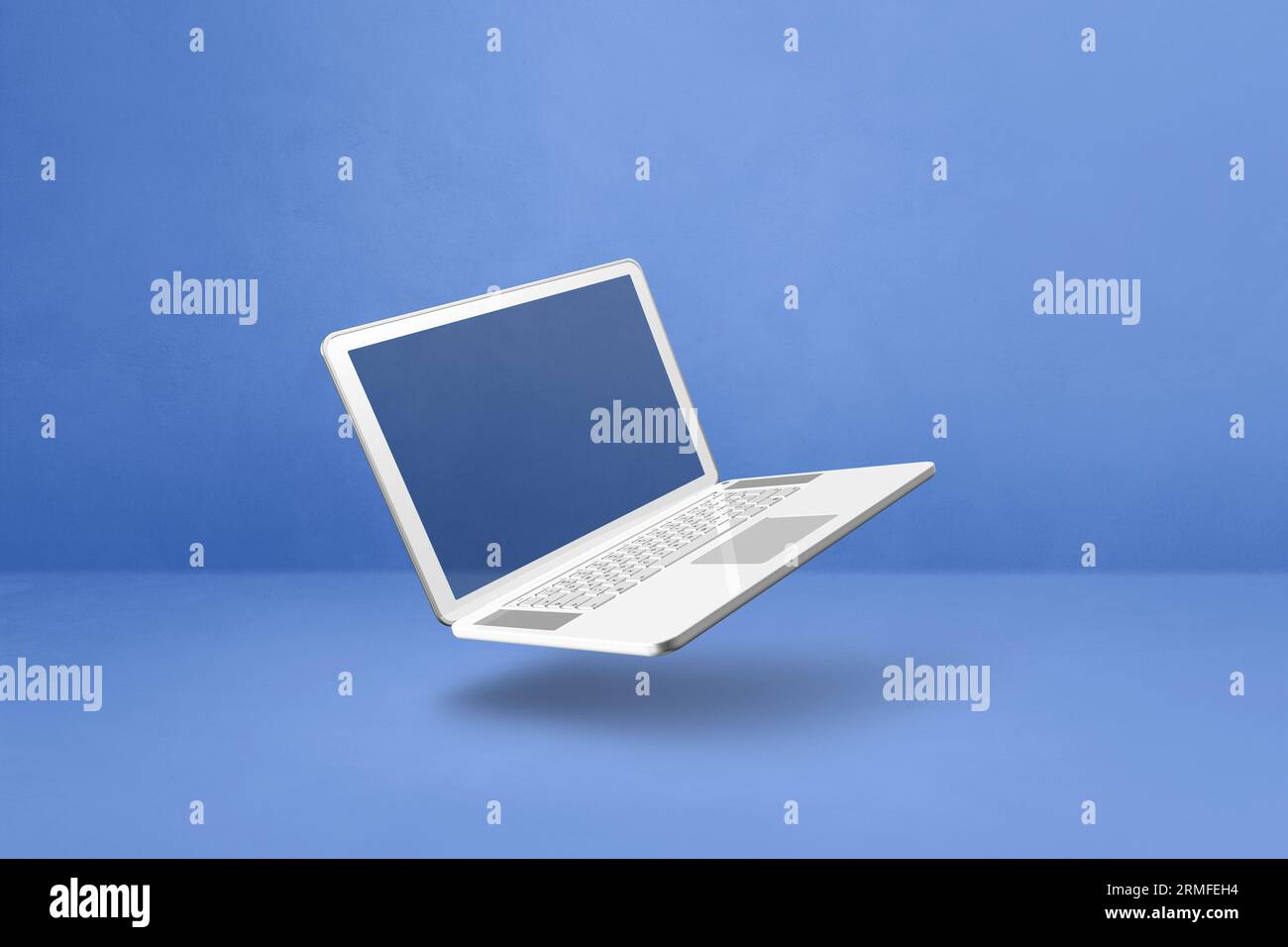 Blank computer laptop floating over a blue background. 3D isolated ...