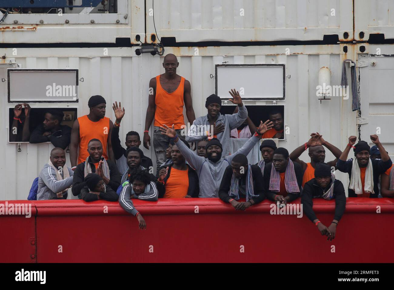 Naples, Italy. 28th Aug, 2023. Migrants aboard the "Ocean Viking", the ...