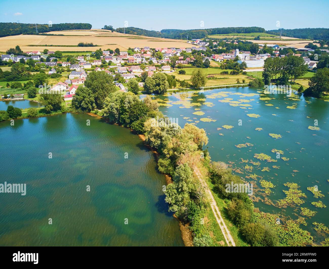 Aerial drone view of a lake in Normandy, France. Beautiful French ...