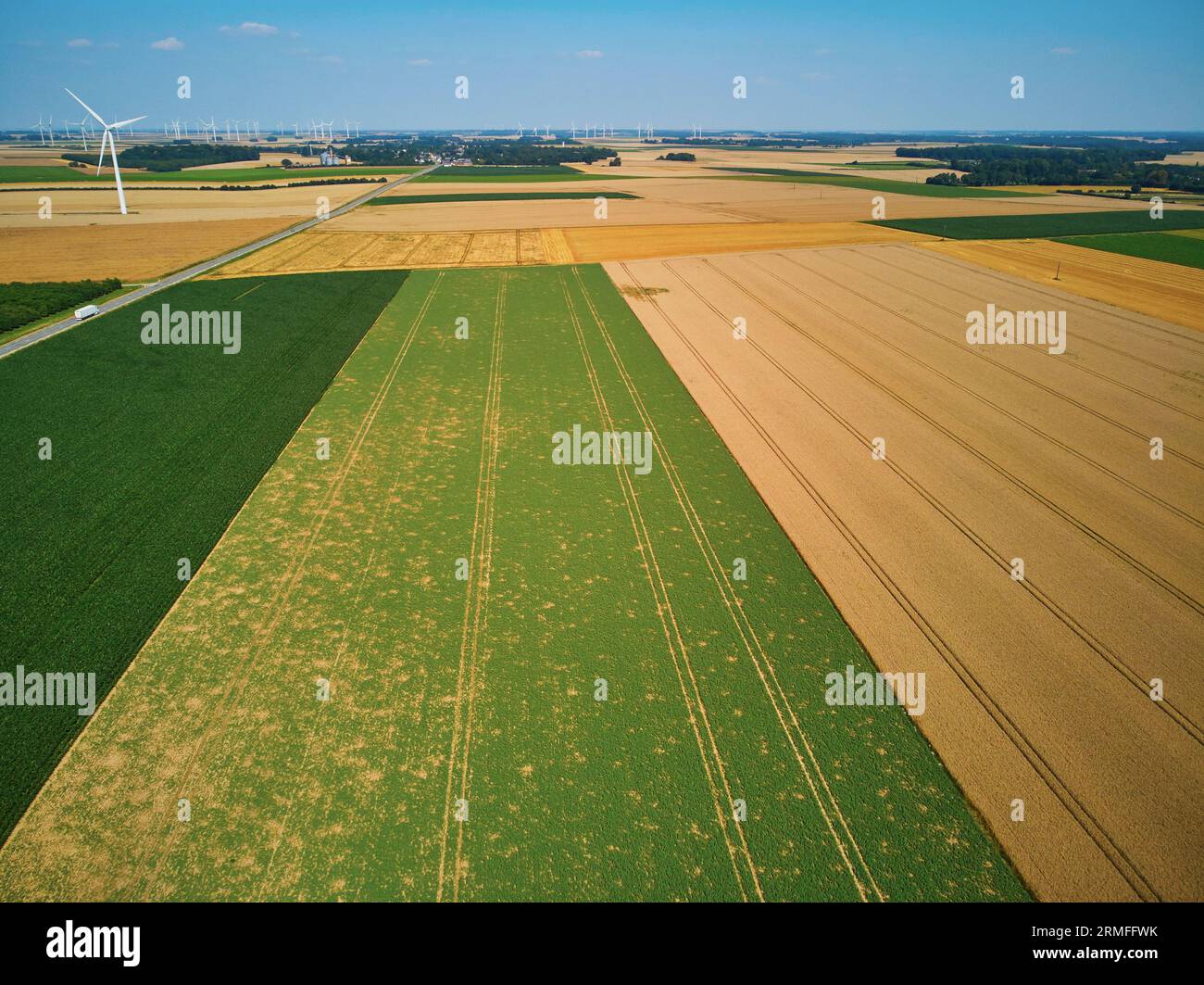 Scenic aerial drone view of wind trubines and green and yellow fields ...