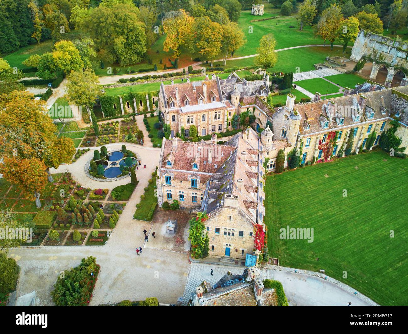 Scenic aerial view of Abbaye des Vaux-de-Cernay, a Cistercian monastery ...