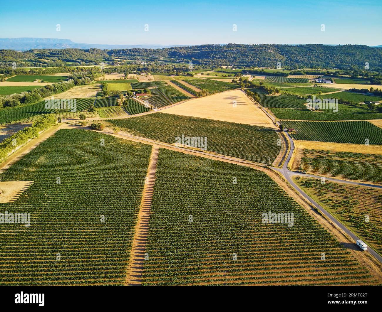 Aerial scenic Mediterranean landscape with cypresses, olive trees and ...