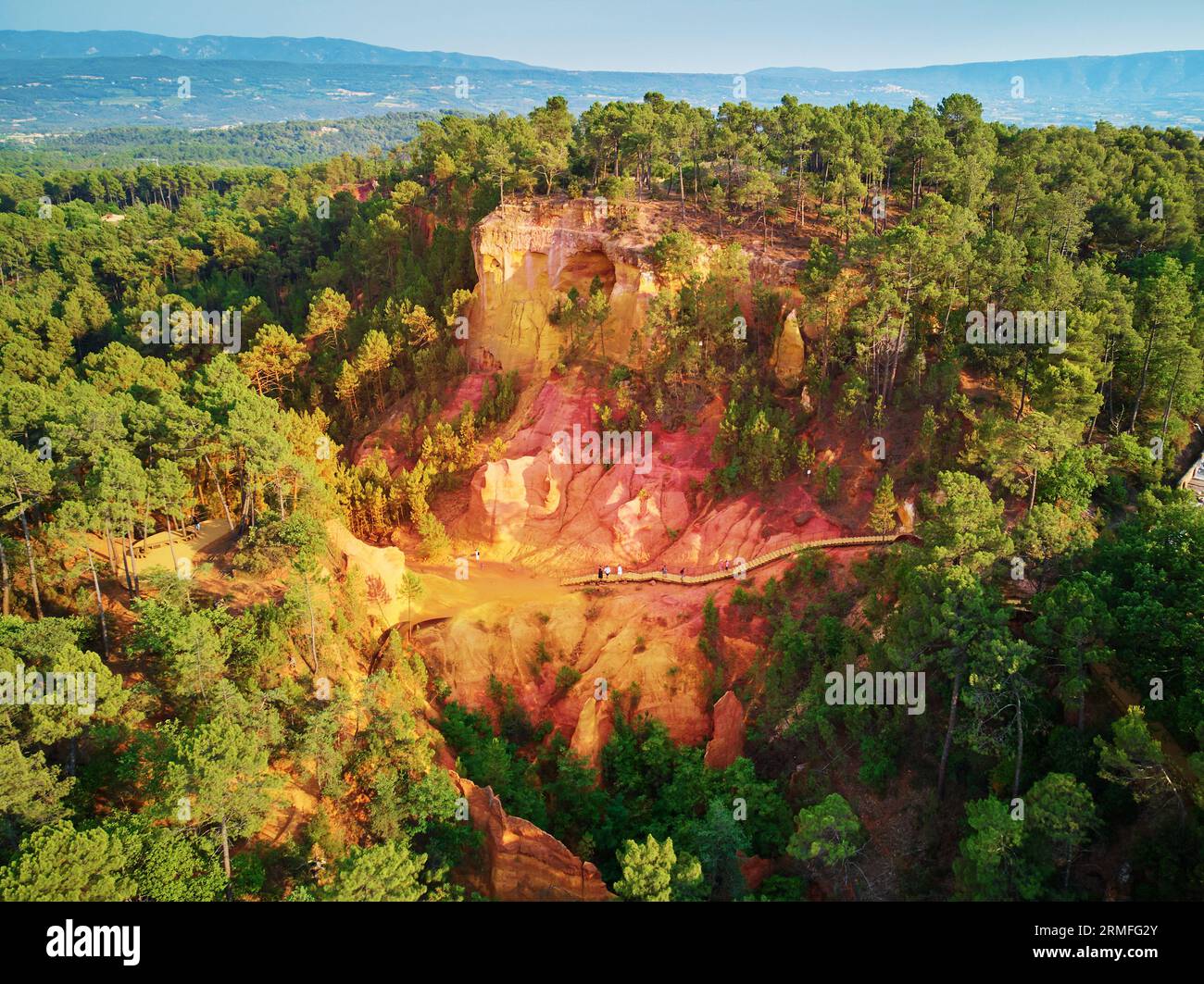 Aerial drone view of famous Ochre path (Sentier des Ocres in French ...