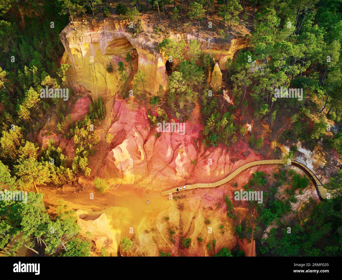 Aerial drone view of famous Ochre path (Sentier des Ocres in French ...