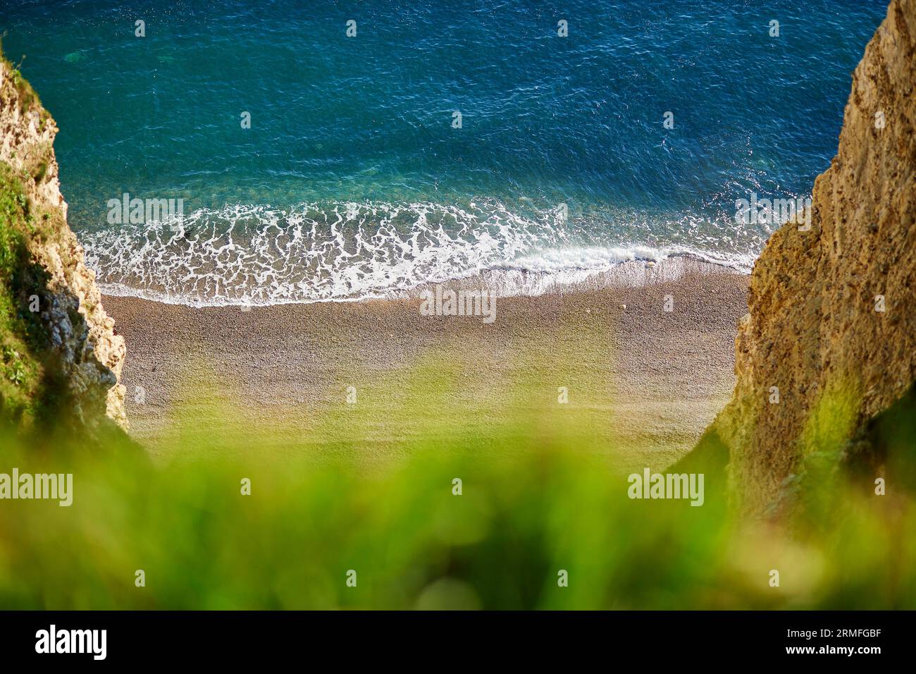 Beautiful and empty beach in Etretat, Normany, France, seen from a high ...