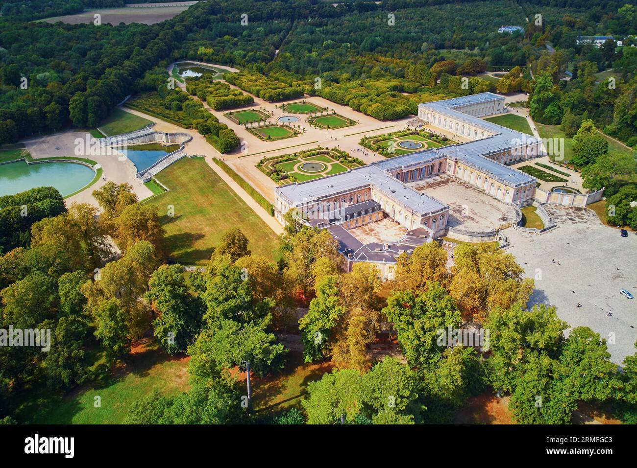 Aerial scenic view of Grand Trianon palace in the Gardens of Versailles ...