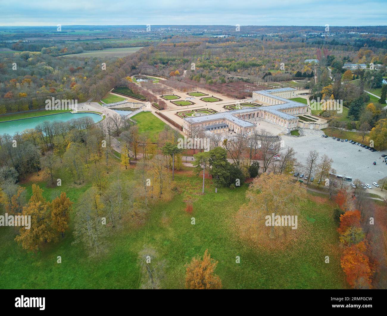 Aerial scenic view of Grand Trianon palace in the Gardens of Versailles ...