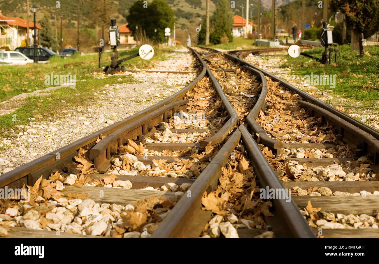 Rails of famous Diakofto-Kalavrita railway, a historic 750 mm gauge ...