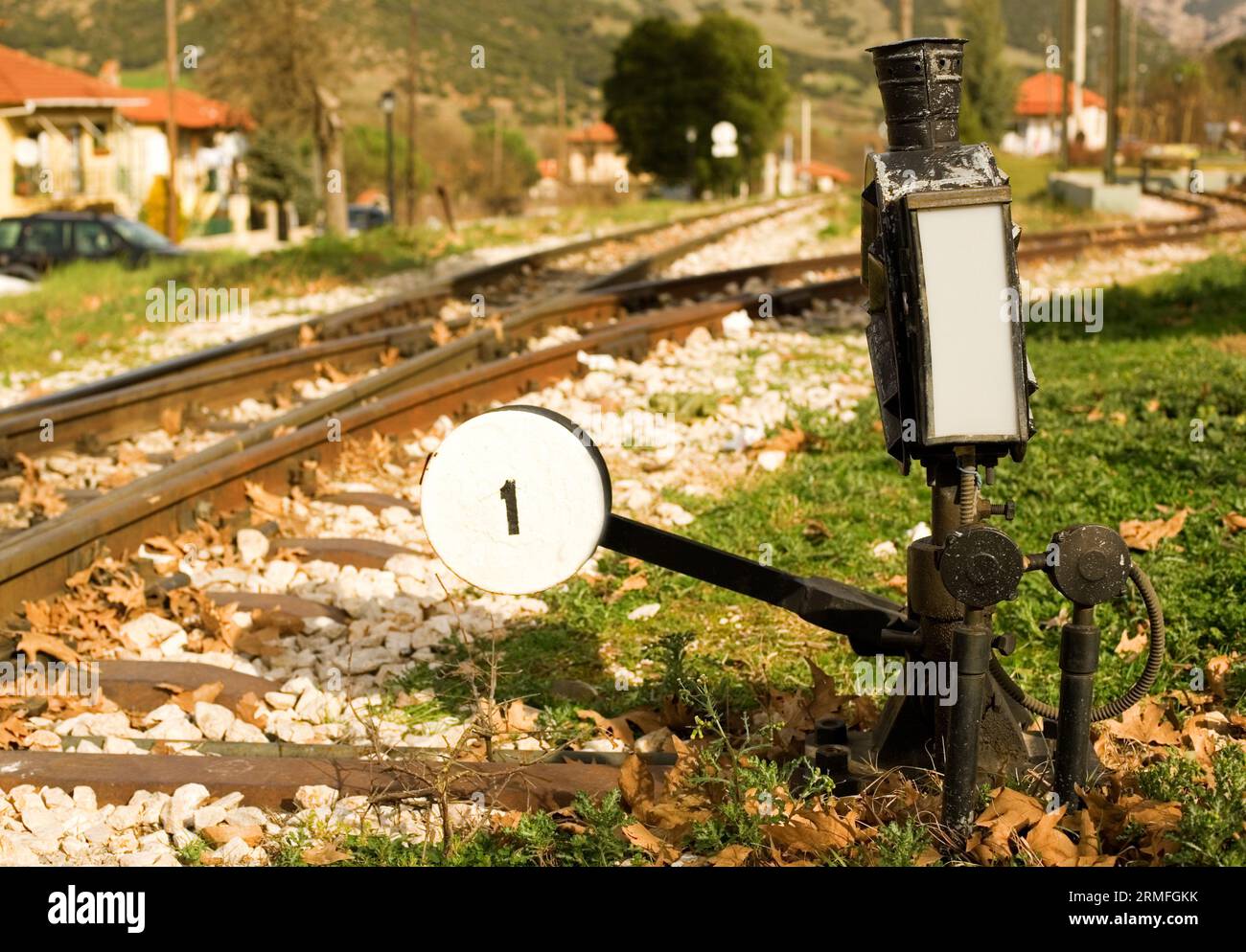 Railroad switch with its lever of famous Diakofto-Kalavrita railway, a ...