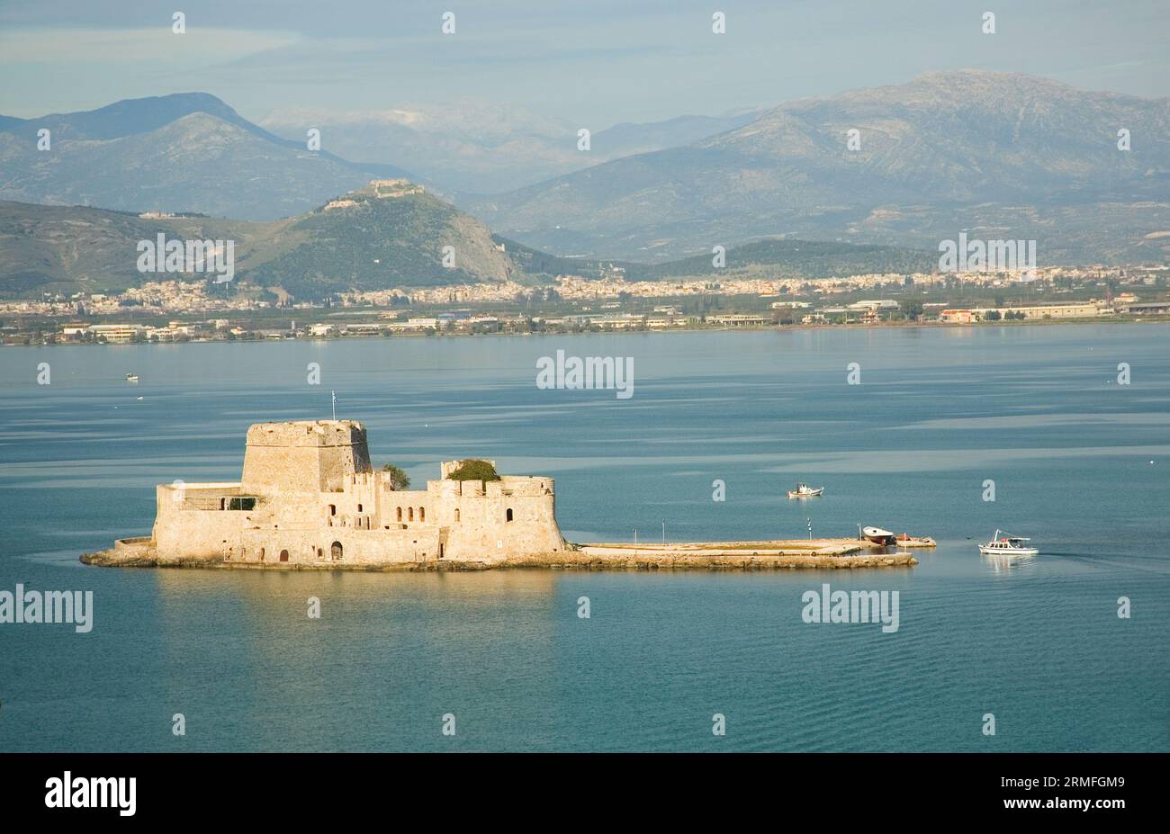 Bird's-eye view of Bourtzi fortress in Nafplion, a greek town at ...