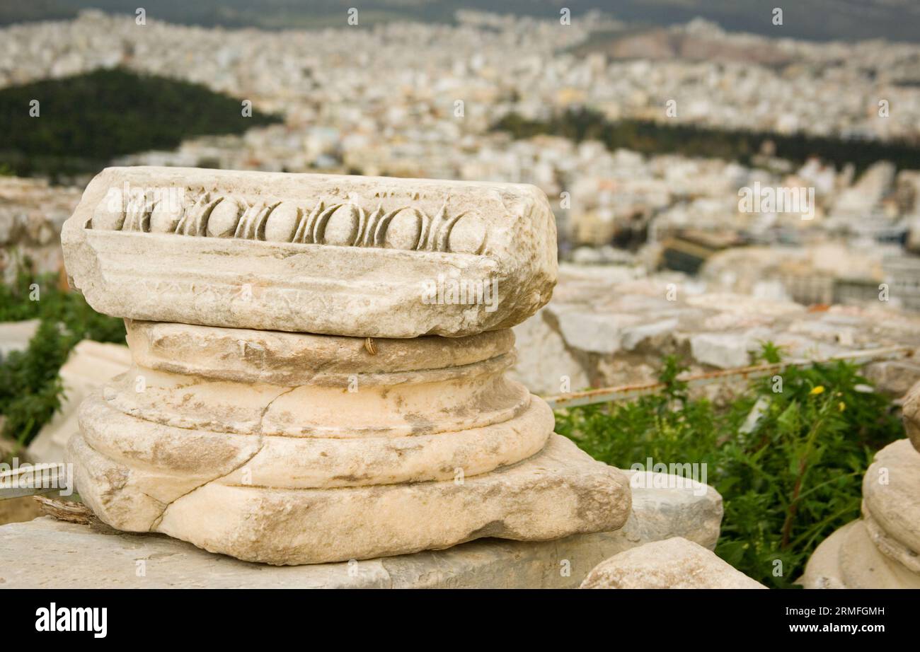 Ancient Greek column capital at the Akropolis hill in Athens, Greece ...