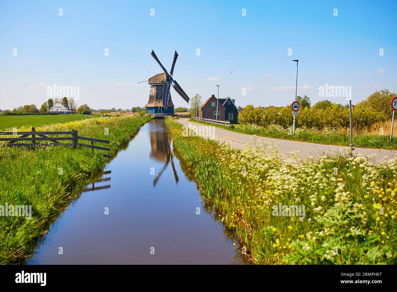 Traditional Dutch windmill on the field. Typical landscape of ...