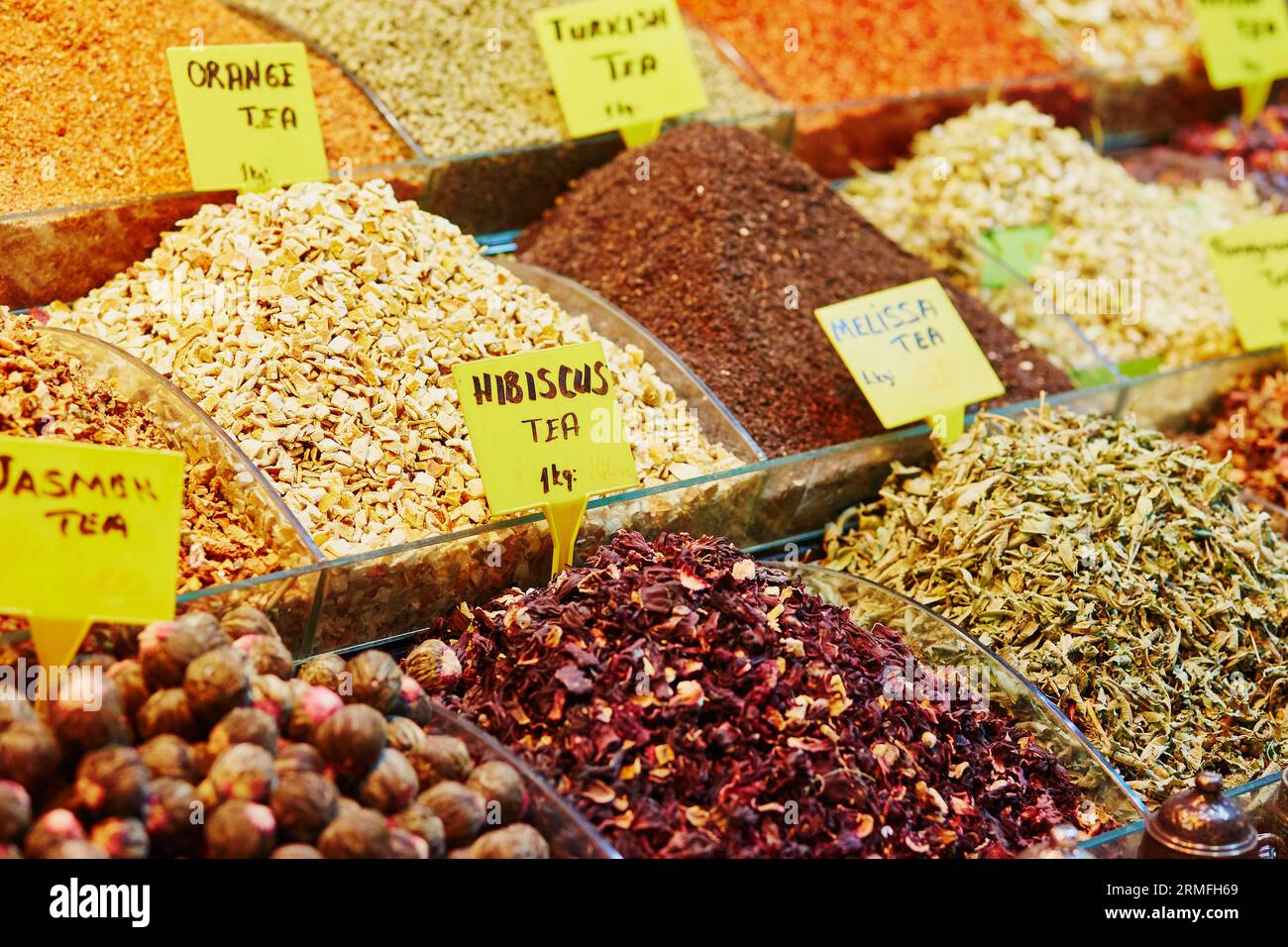 Heap of different spices and teas on a traditional farmer market in ...