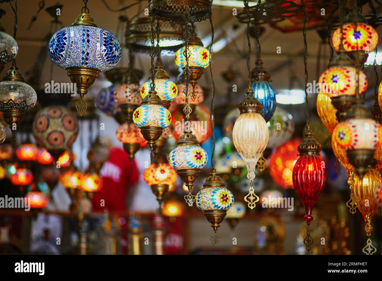 Selection of colorful Turkish lamps on Egyptian Bazaar or Spice Bazaar ...