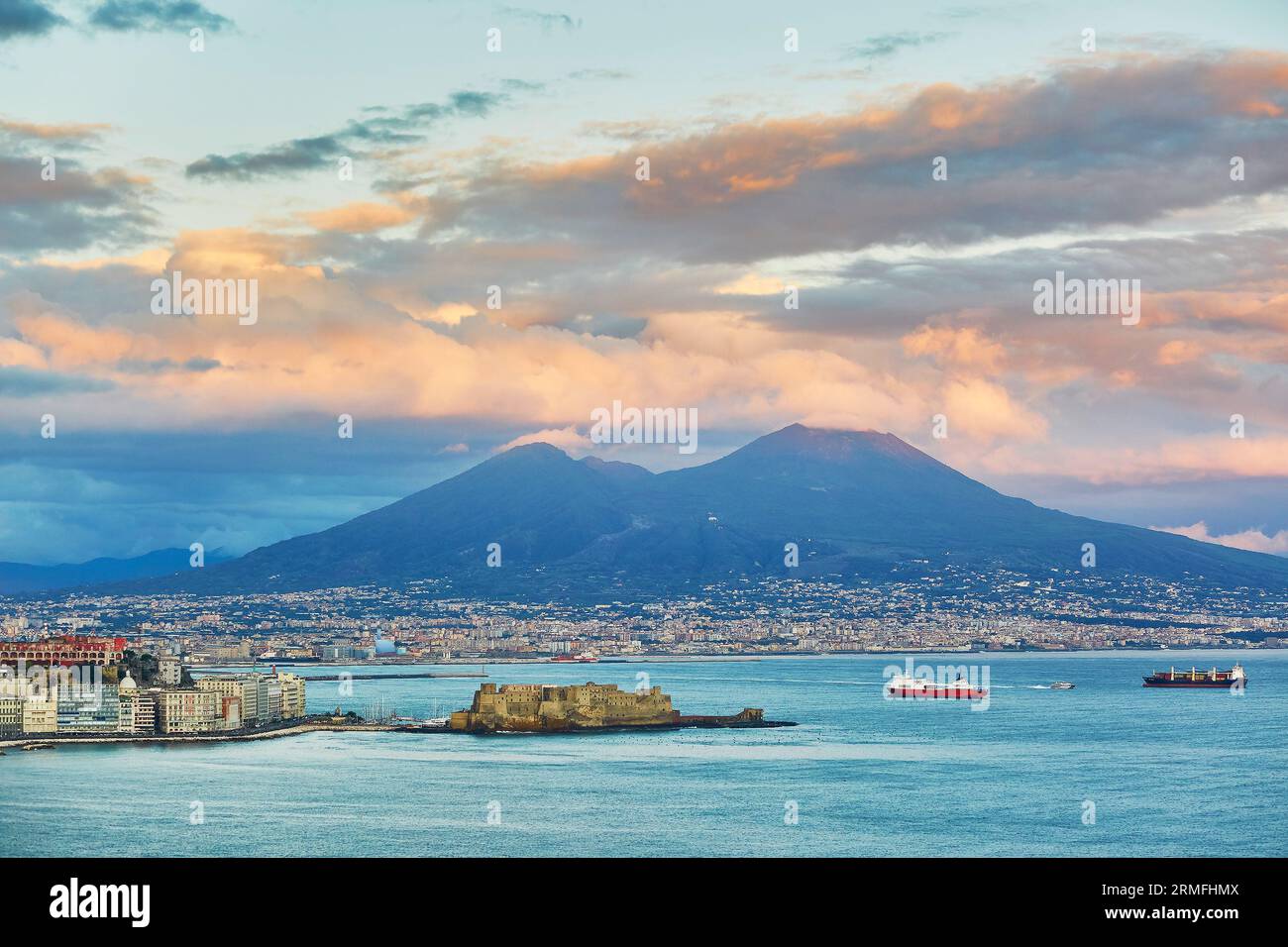 Aerial scenic panoramic view of Naples with Vesuvius volcano. Campania ...