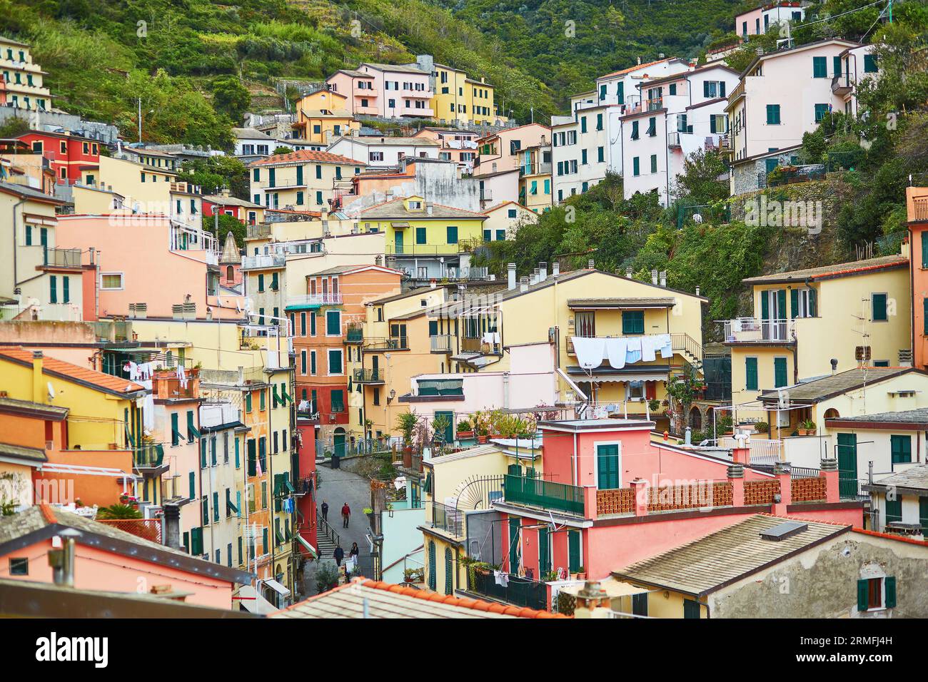 Scenic view to Riomaggiore, one of five famous villages of Cinque Terre ...