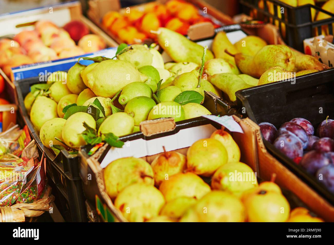 Fresh ripe lemons on farmer market in Riomaggiore, one of five famous ...