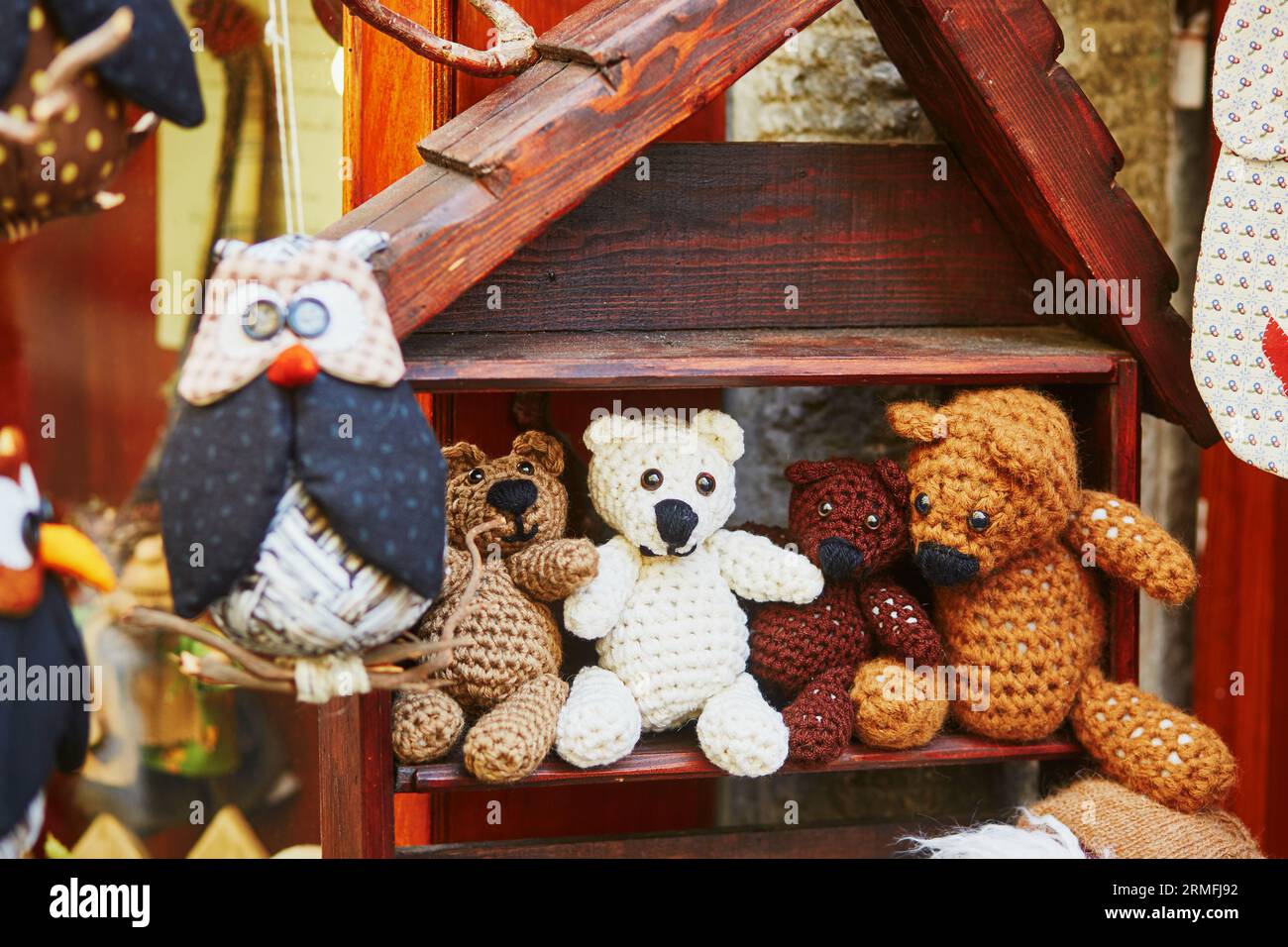 Knitted teddy bears in souvenir shop in Riomaggiore, one of five famous ...