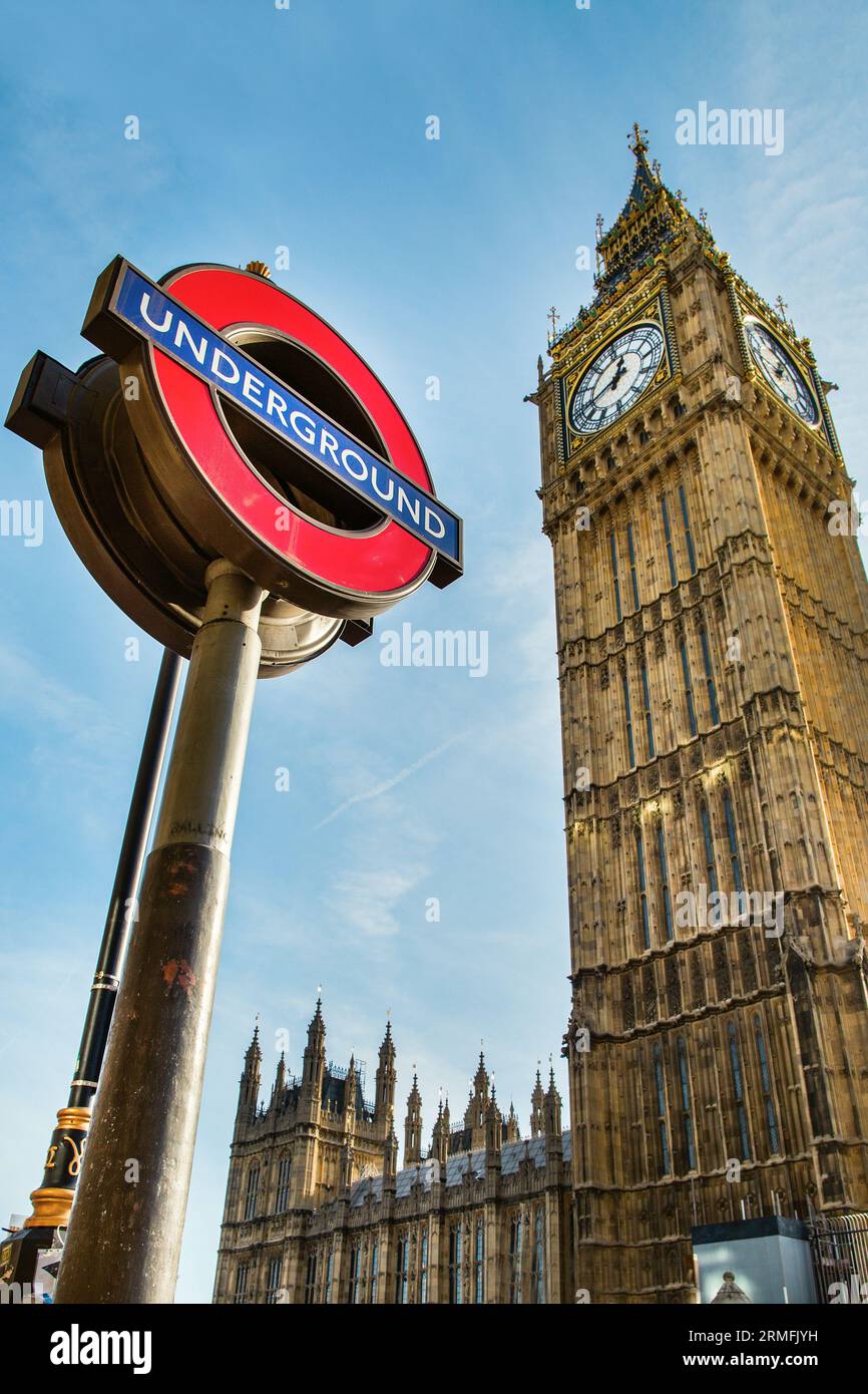 LONDON, UK - OCTOBER 31, 2014: London Underground subway sign in front ...