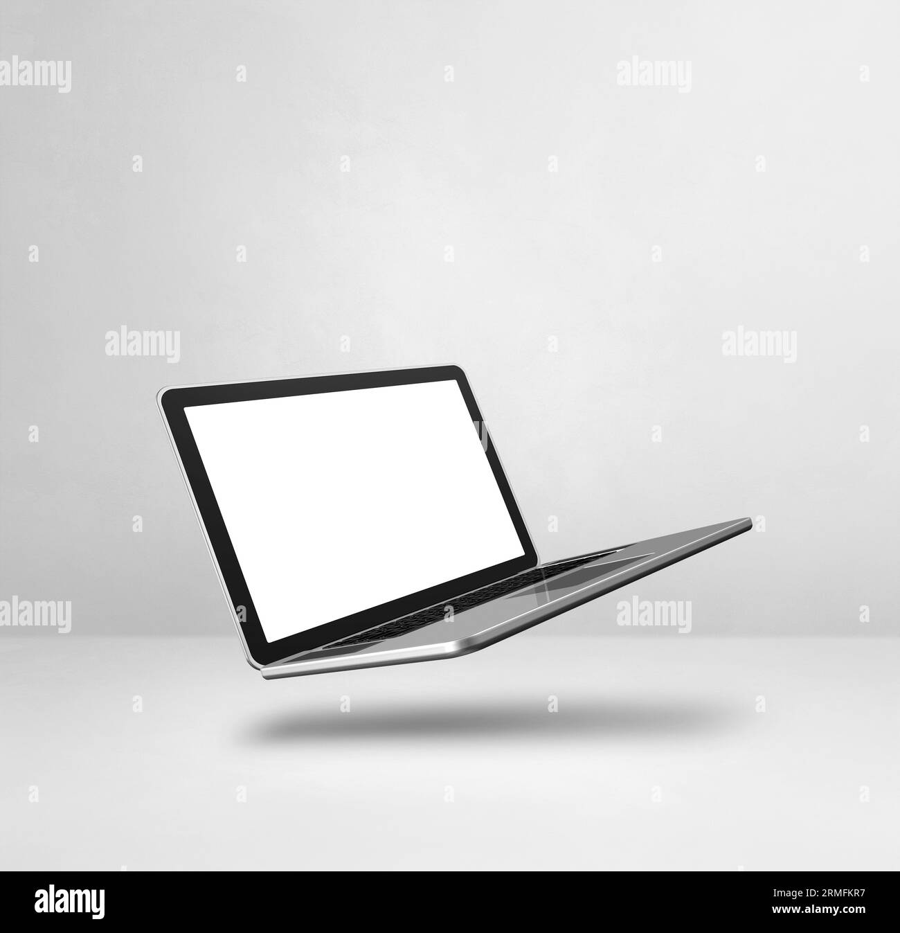 Blank computer laptop floating over a white background. 3D isolated ...