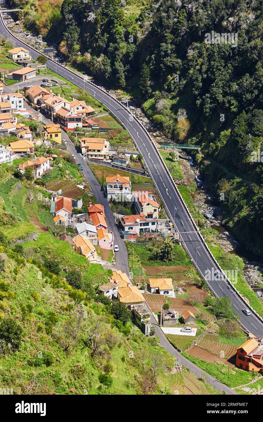 Aerial view of typical Madeira landscape with little villages, terrace ...