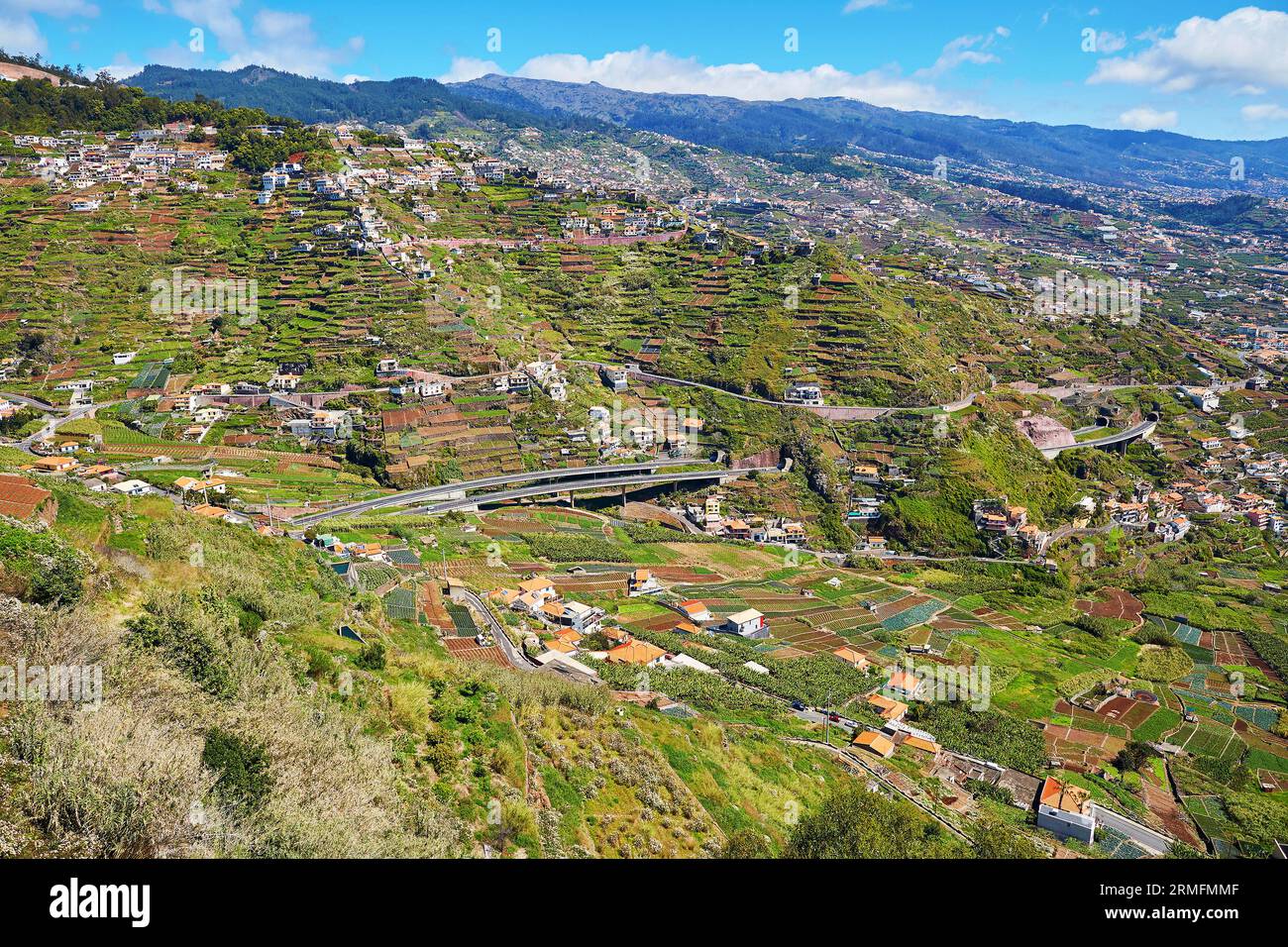 Aerial view of typical Madeira landscape with little villages, terrace ...