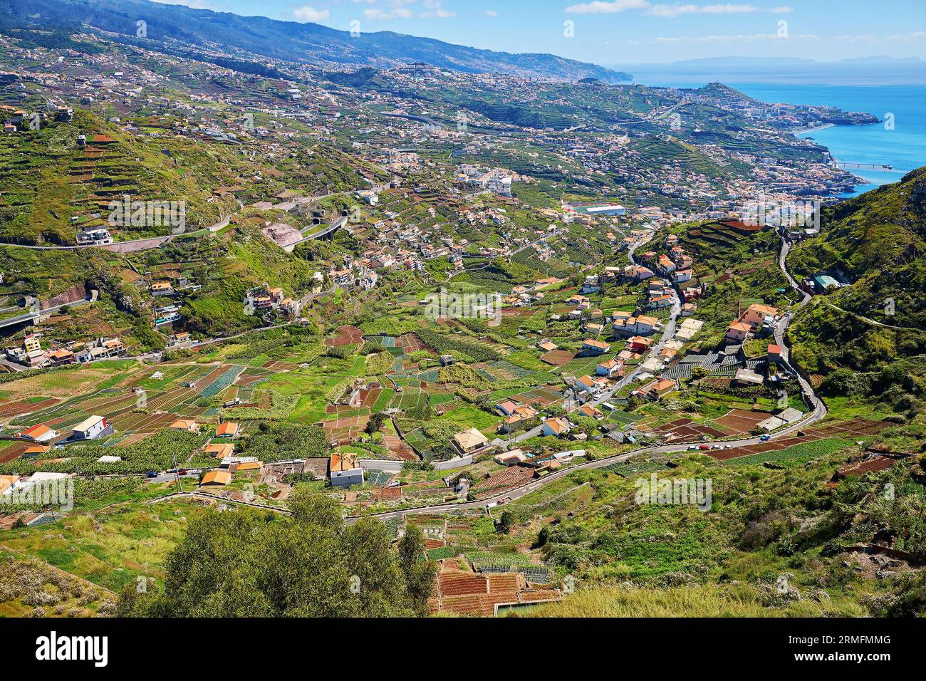 Aerial view of typical Madeira landscape with little villages, terrace ...