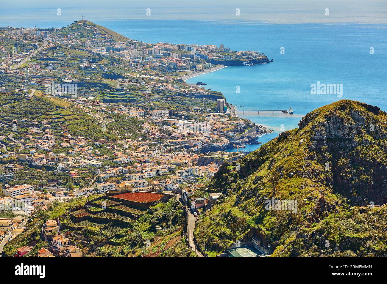 Aerial view of typical Madeira landscape with little villages, terrace ...