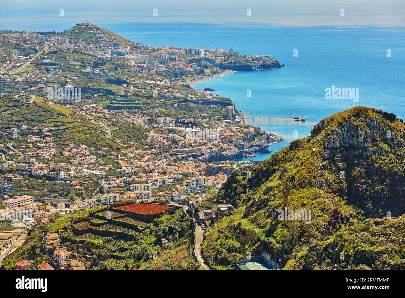 Aerial view of typical Madeira landscape with little villages, terrace ...