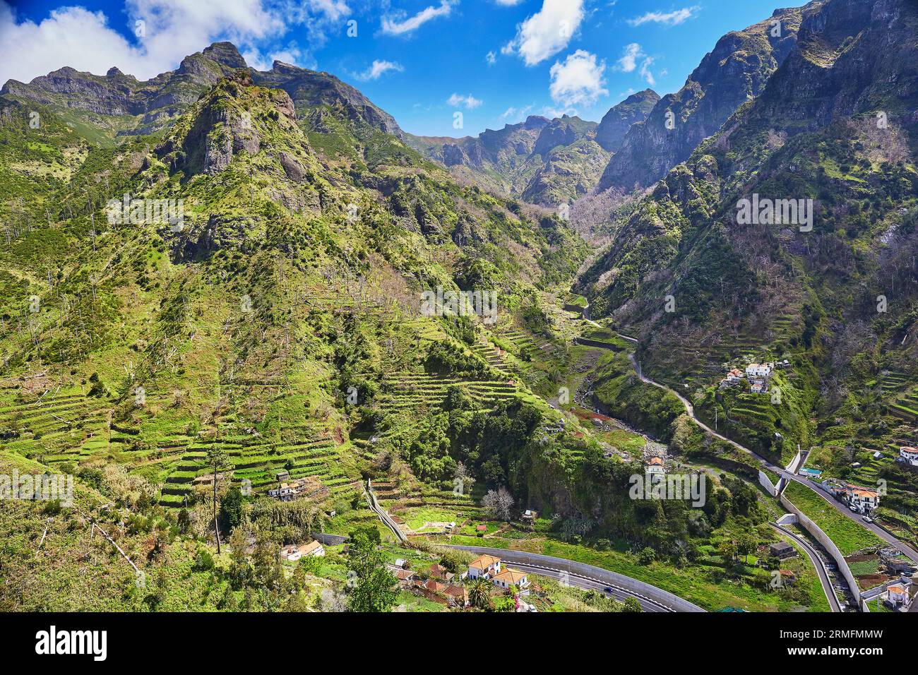 Aerial view of typical Madeira landscape with little villages, terrace ...