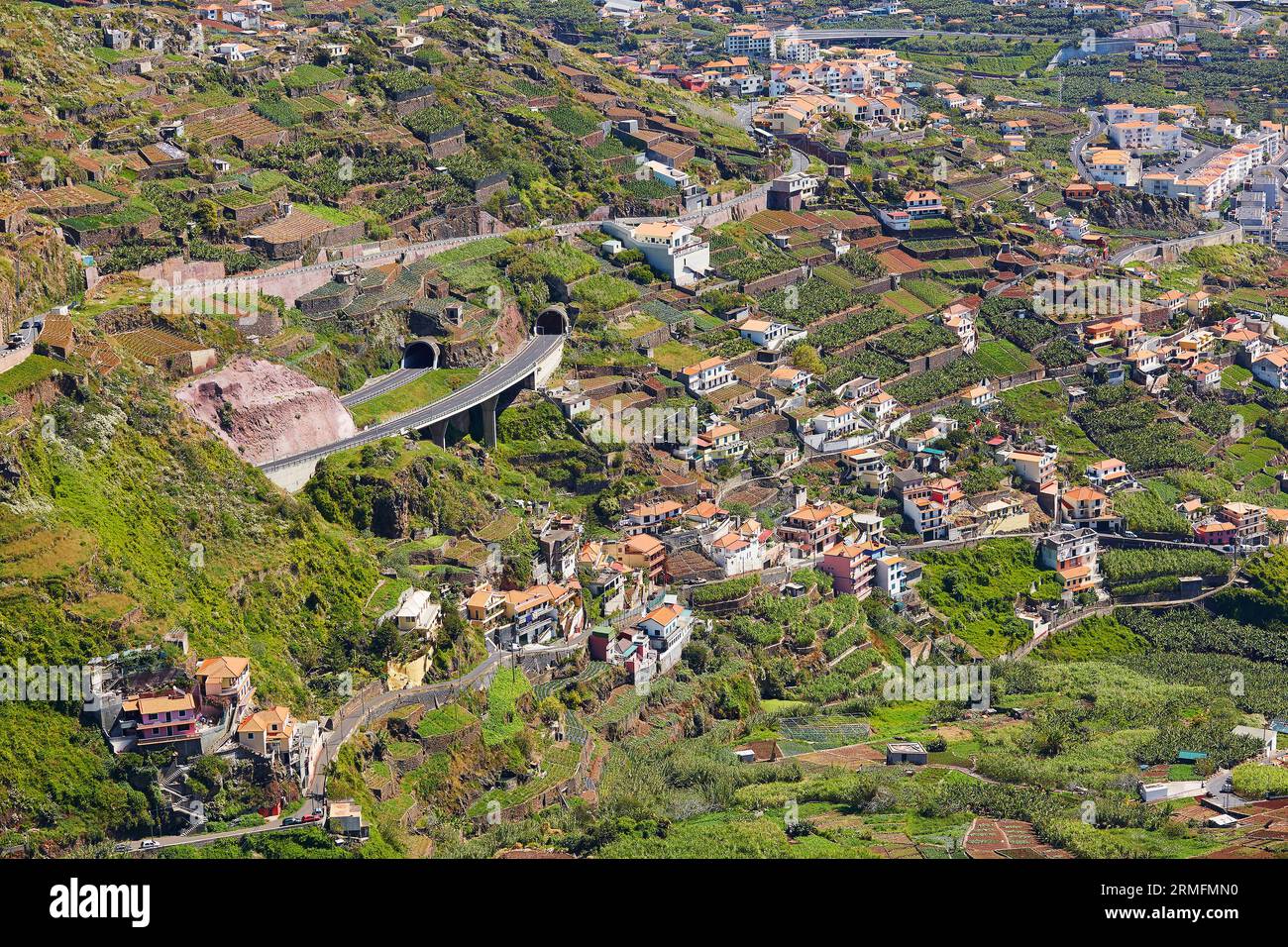 Aerial view of typical Madeira landscape with little villages, terrace ...