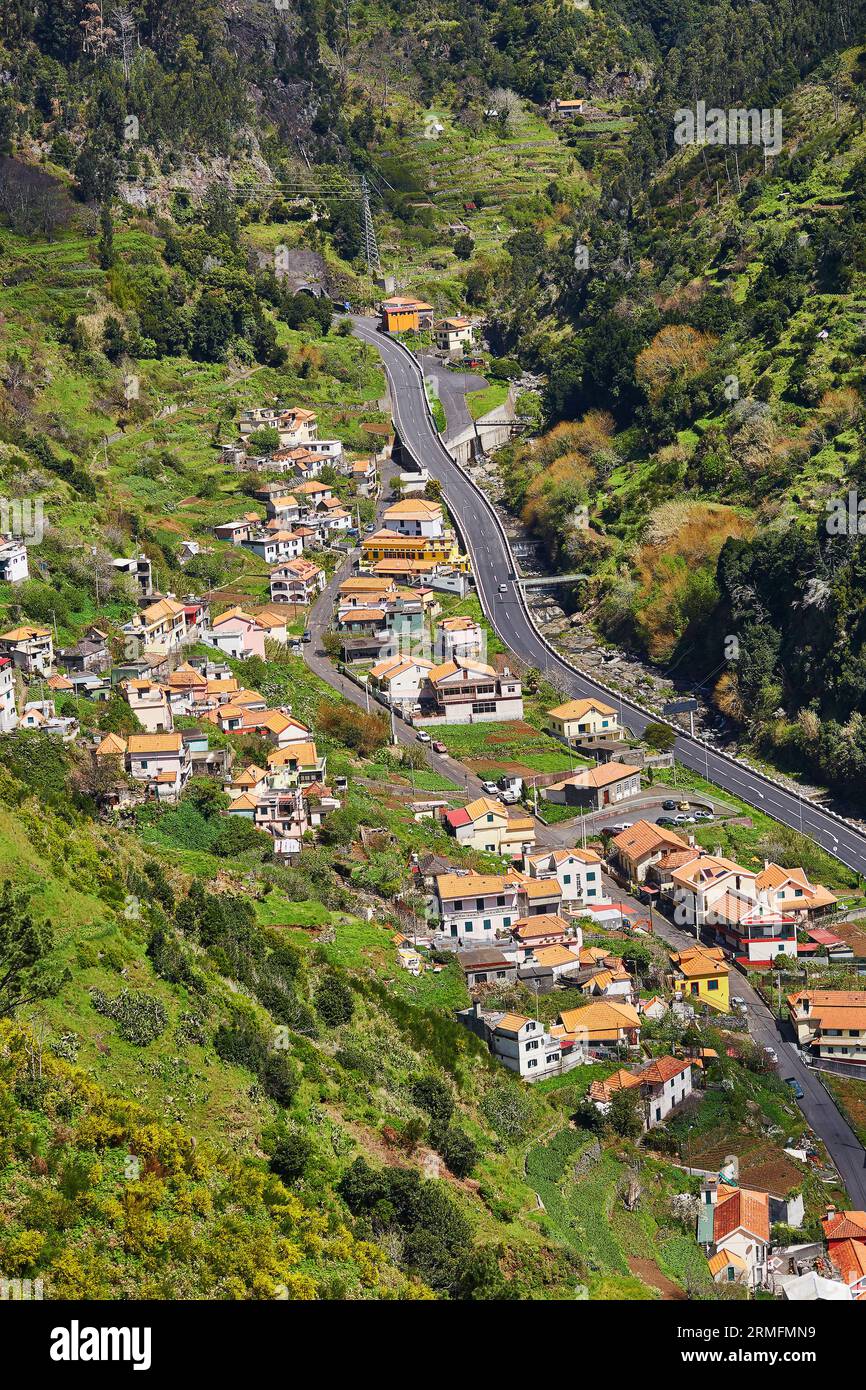 Aerial view of typical Madeira landscape with little villages, terrace ...