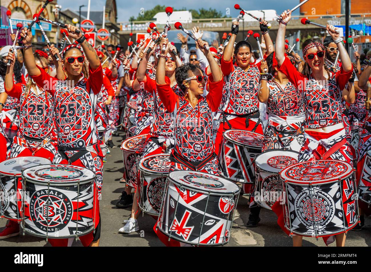 London, UK. 28th Aug, 2023. The Batala Brazil drum band celebrate their ...
