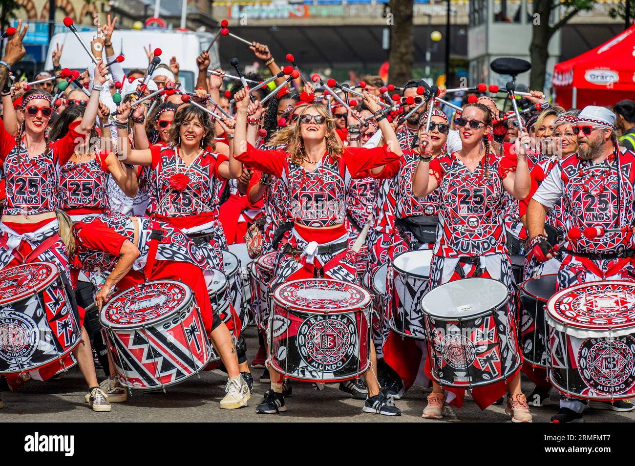 London, UK. 28th Aug, 2023. The Batala Brazil drum band celebrate their ...